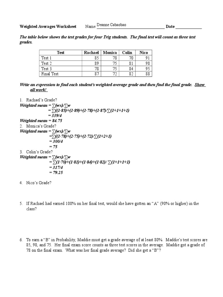 Weighted Averages Worksheet: Deanne Cabaobao | PDF | Weighted ...