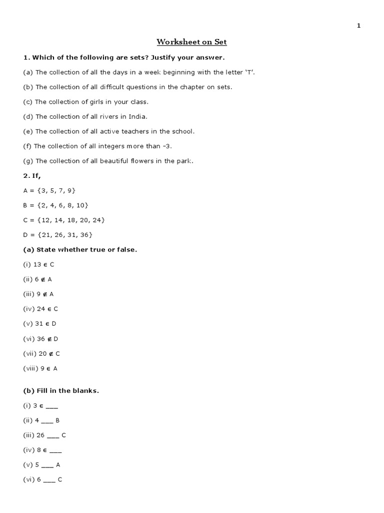 Worksheet On Set | Download Free PDF | Number Theory | Numbers