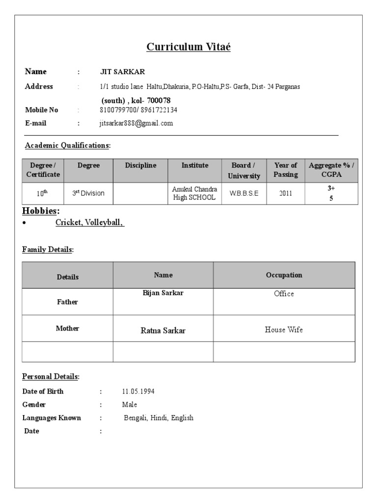 Curriculum Vitaé: Hobbies | PDF