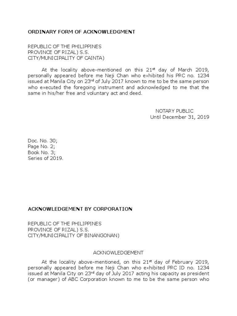 Ordinary Form of Acknowledgment: ST RD | PDF | Official Documents ...