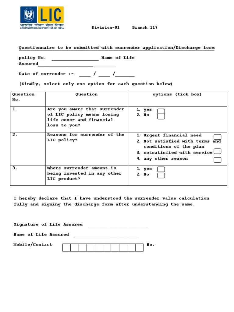 Questionnair Form Surrender Application | PDF