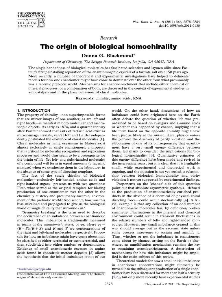 The Origin of Biological Homochirality: Research | PDF | Chirality ...