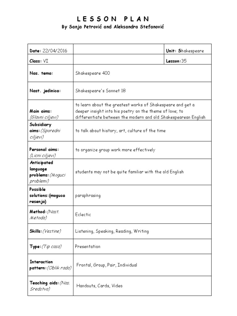 Lesson Plan Shakespeare 400 | PDF | William Shakespeare | Poetry