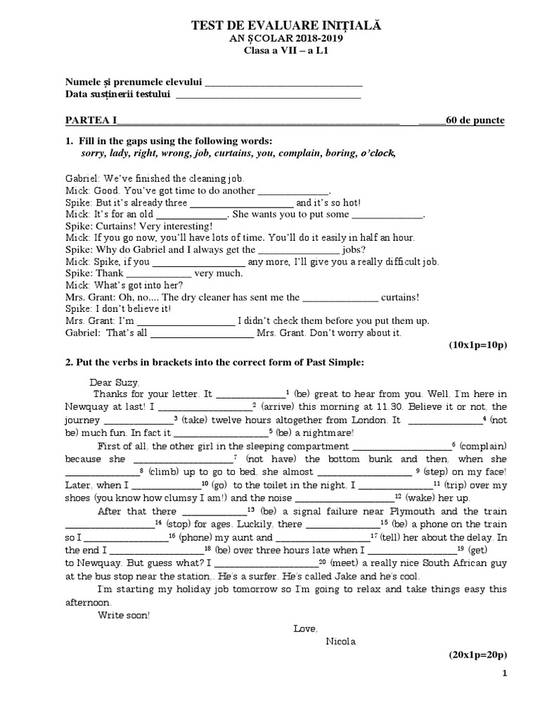 Test de Evaluare Initiala Cls A Viia 20152016 | PDF | Language Arts ...