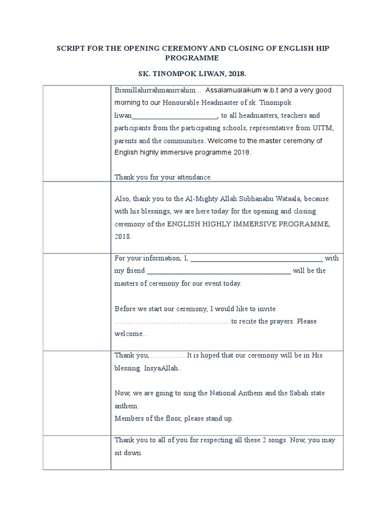 English HIP Ceremony Script | PDF