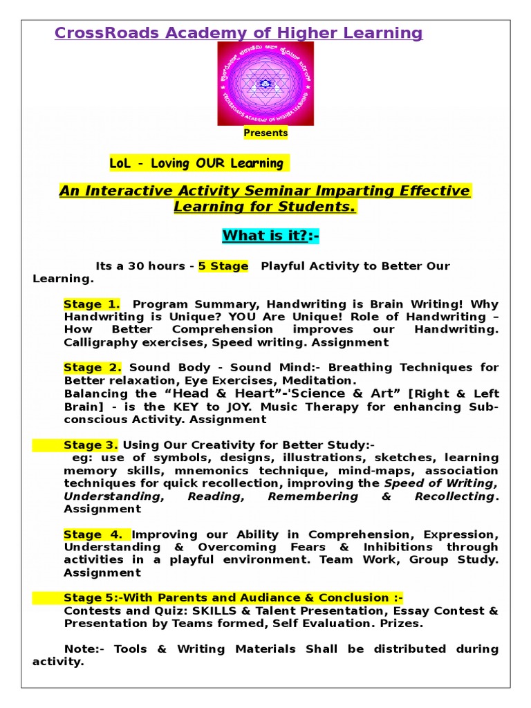 Crossroads Academy of Higher Learning: An Interactive Activity Seminar ...