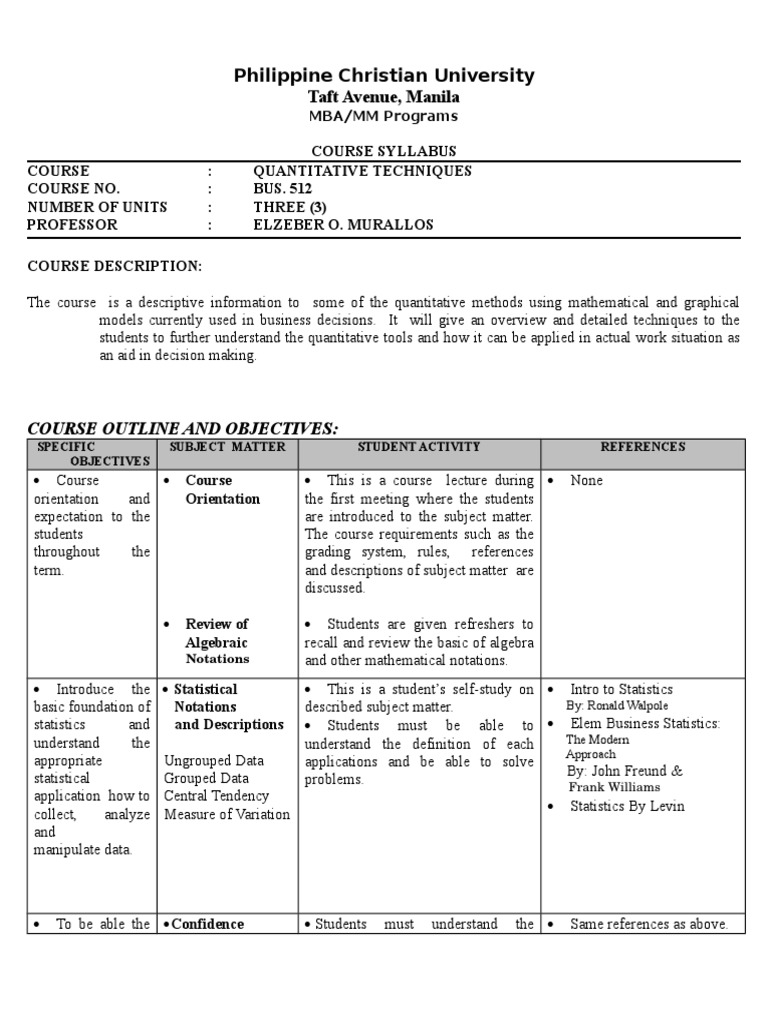 Philippine Christian University Taft Avenue, Manila: Course Outline and ...