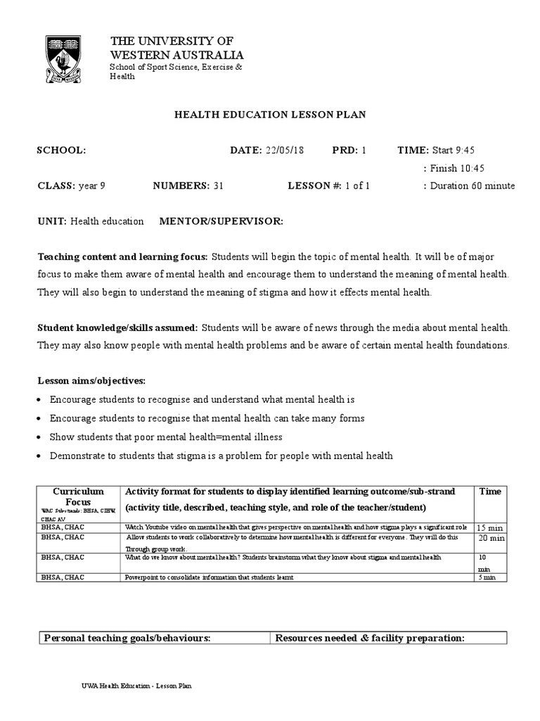 Year 9 Mental Health Lesson Plan | PDF | Lesson Plan | Teachers