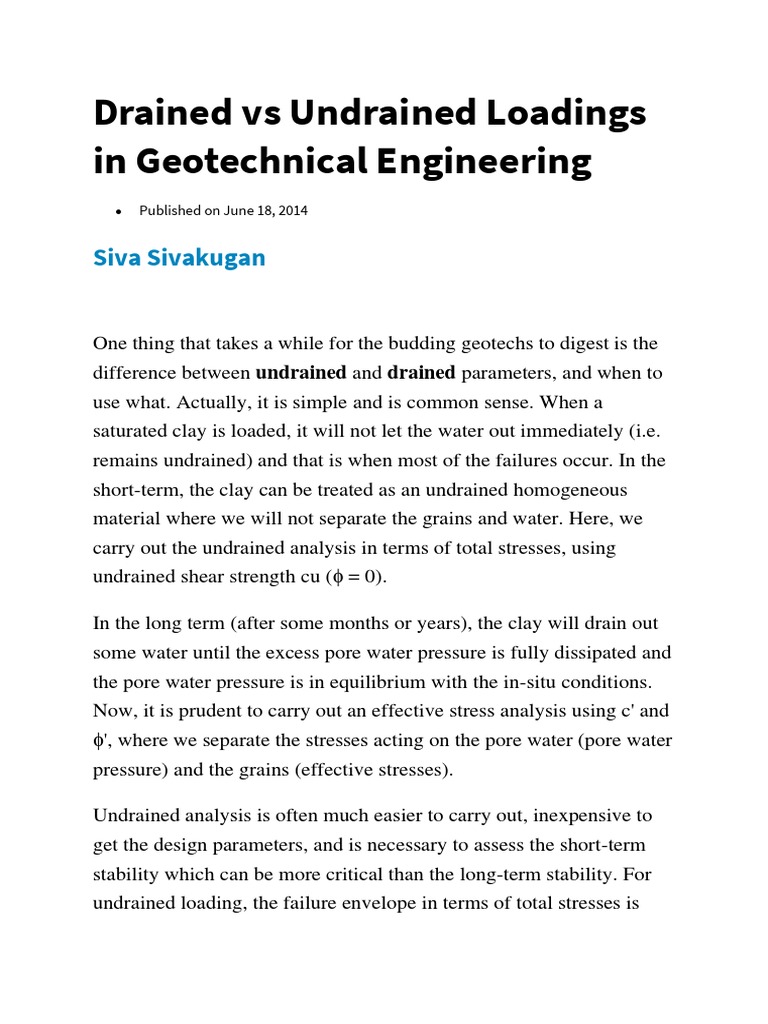 Drained Vs Undrained Loadings in Geotechnical Engineering: Siva ...