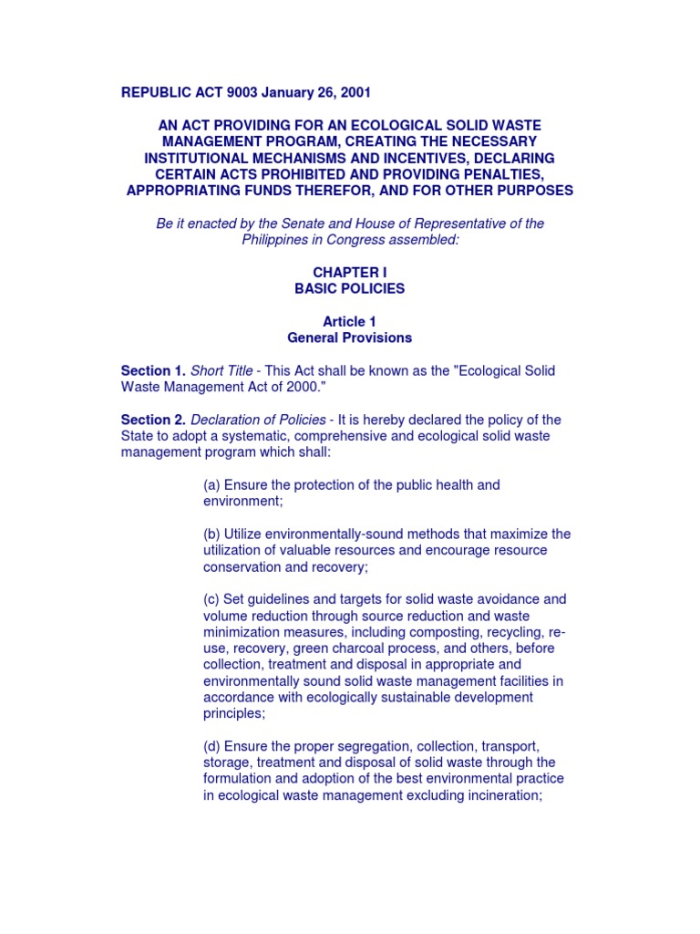 REPUBLIC ACT 9003 January 26 | PDF | Waste Management | Municipal Solid ...