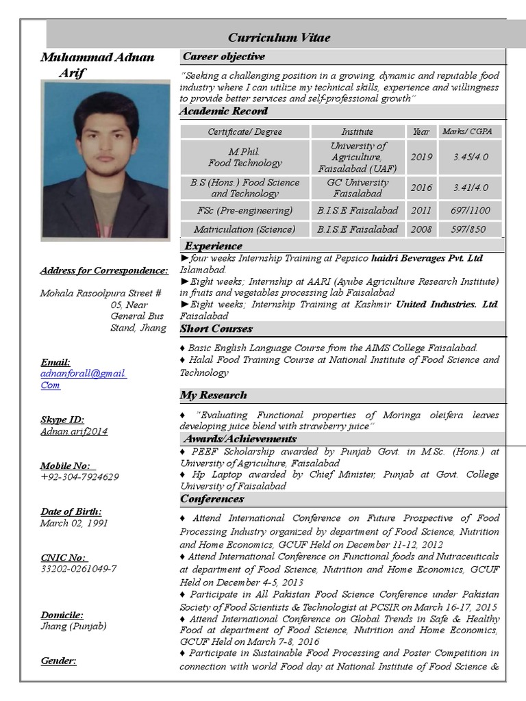 Muhammad Adnan Arif Curriculum Vitae: Career Objective | PDF | Foods | Food And Drink