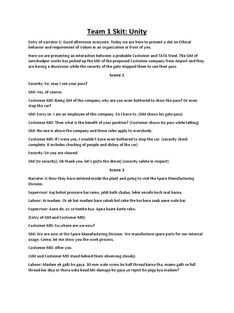 Team 1 Skit: Unity: Scene 1 | PDF | Business