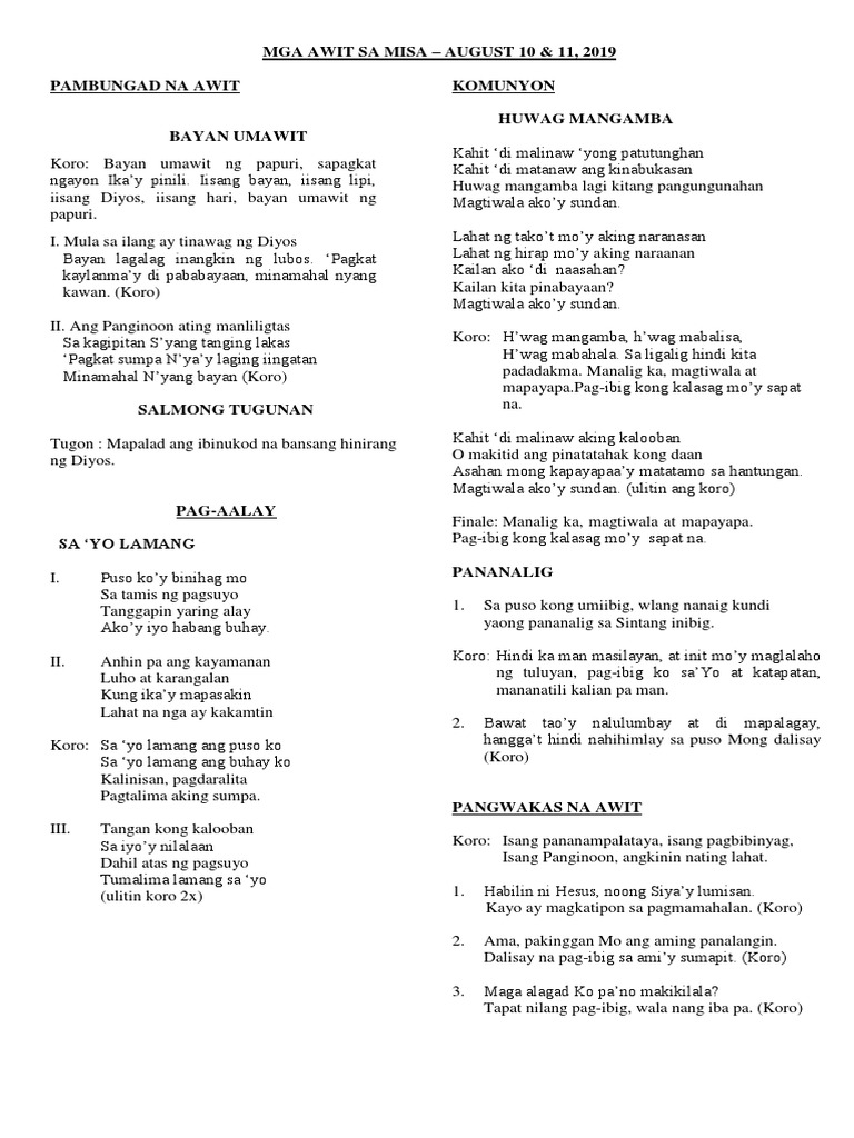 Mga Awit Sa Misa August 10-11-2019 | PDF