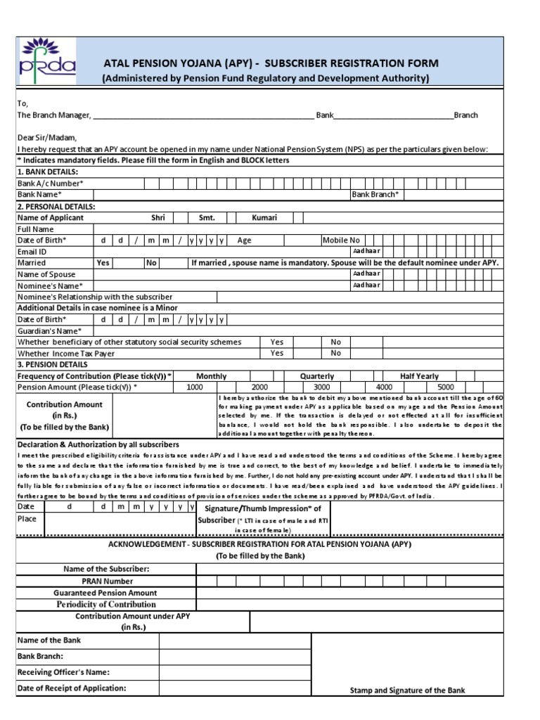 Atal Pension Yojana (Apy) - Subscriber Registration Form | PDF ...