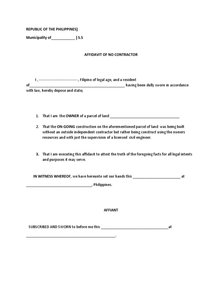 Affidavit of No Contractor Sample | PDF