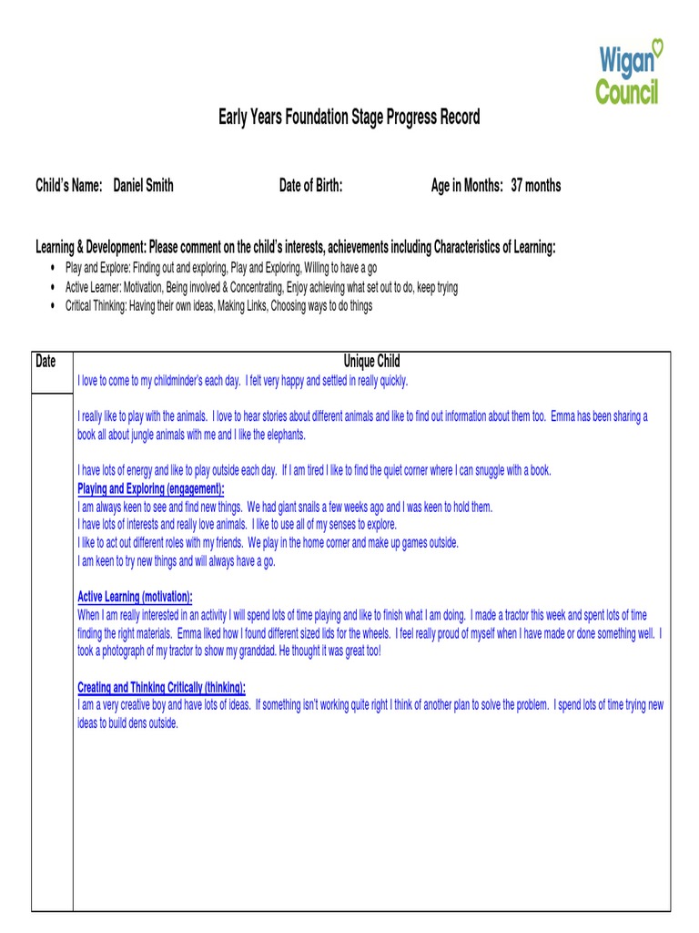 Daniel Smith's Early Years Progress Report | PDF | Motivation ...