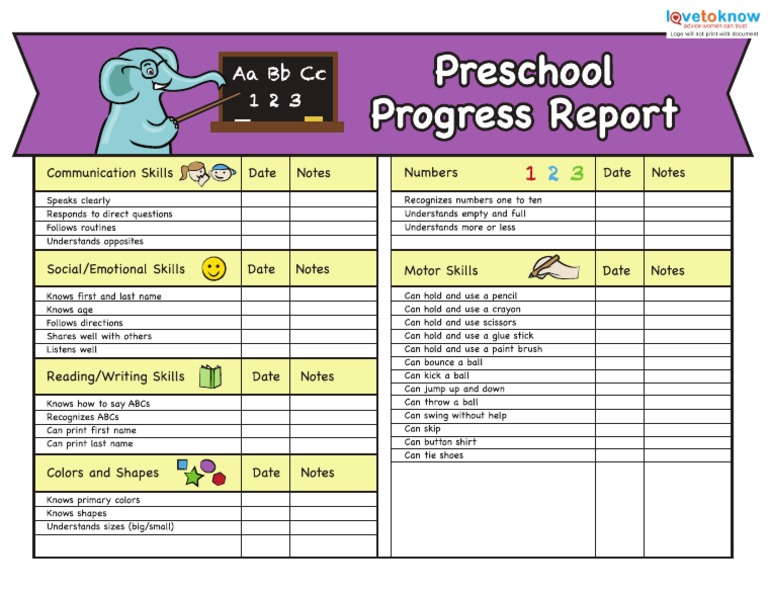 Printable Preschool Progress Report