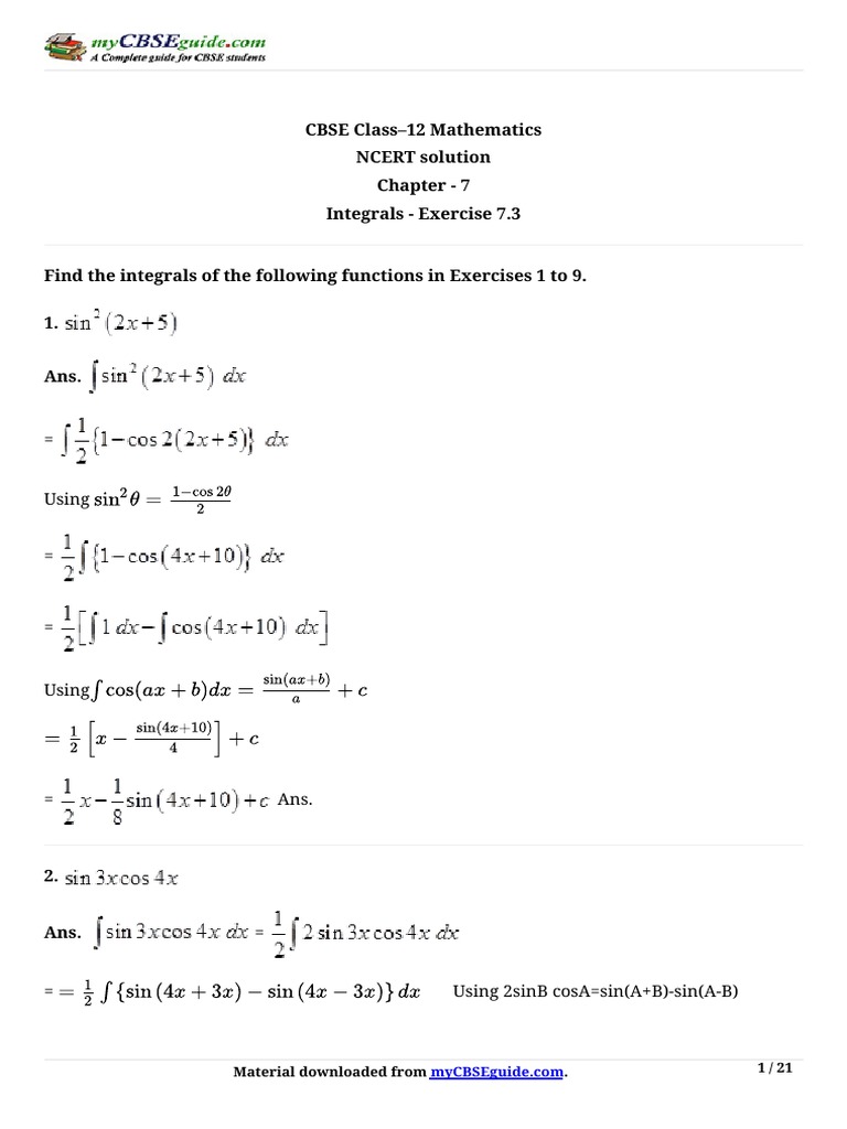 CBSE Class-12 Mathematics NCERT Solution Chapter - 7 Integrals ...
