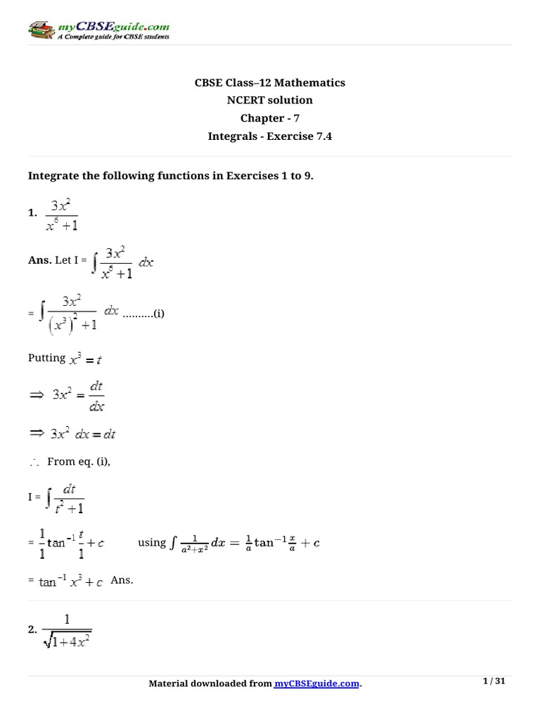 CBSE Class-12 Mathematics NCERT Solution Chapter - 7 Integrals - Exercise 7.4 | PDF | Numerical ...