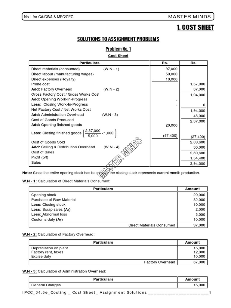 Cost Sheet: Solutions To Assignment Problems | PDF | Cost Of Goods Sold ...