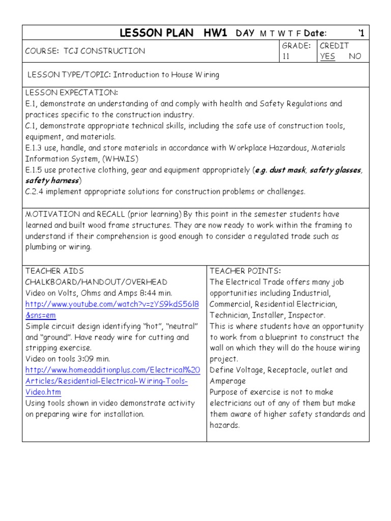 Lesson Plan HW1: DAY Date: 1 | Download Free PDF | Electrical Wiring ...