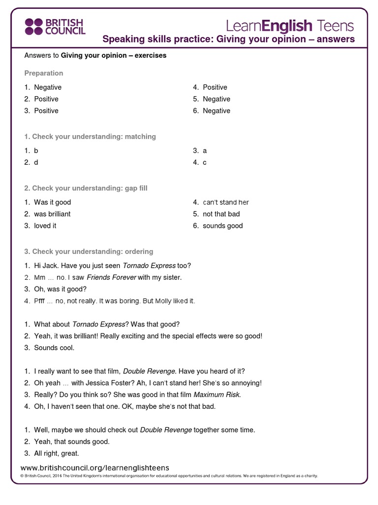 Speaking Skills Practice: Giving Your Opinion - Answers: Preparation | PDF