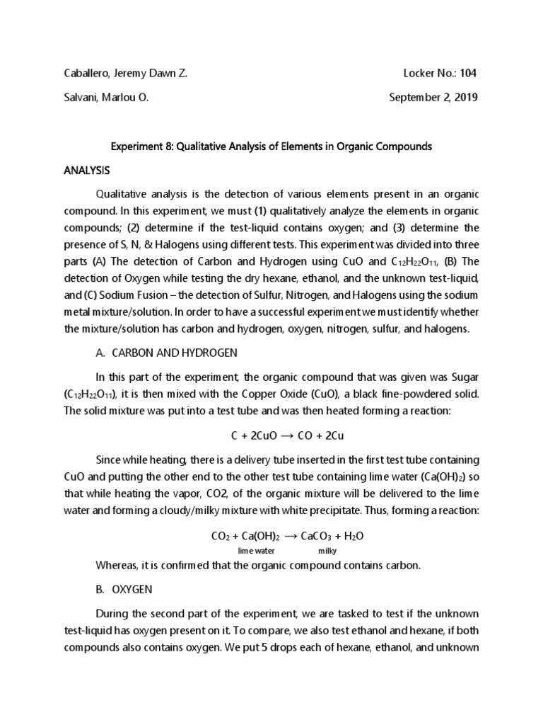 Qualitative Analysis of Elements in Organic Compounds | PDF ...