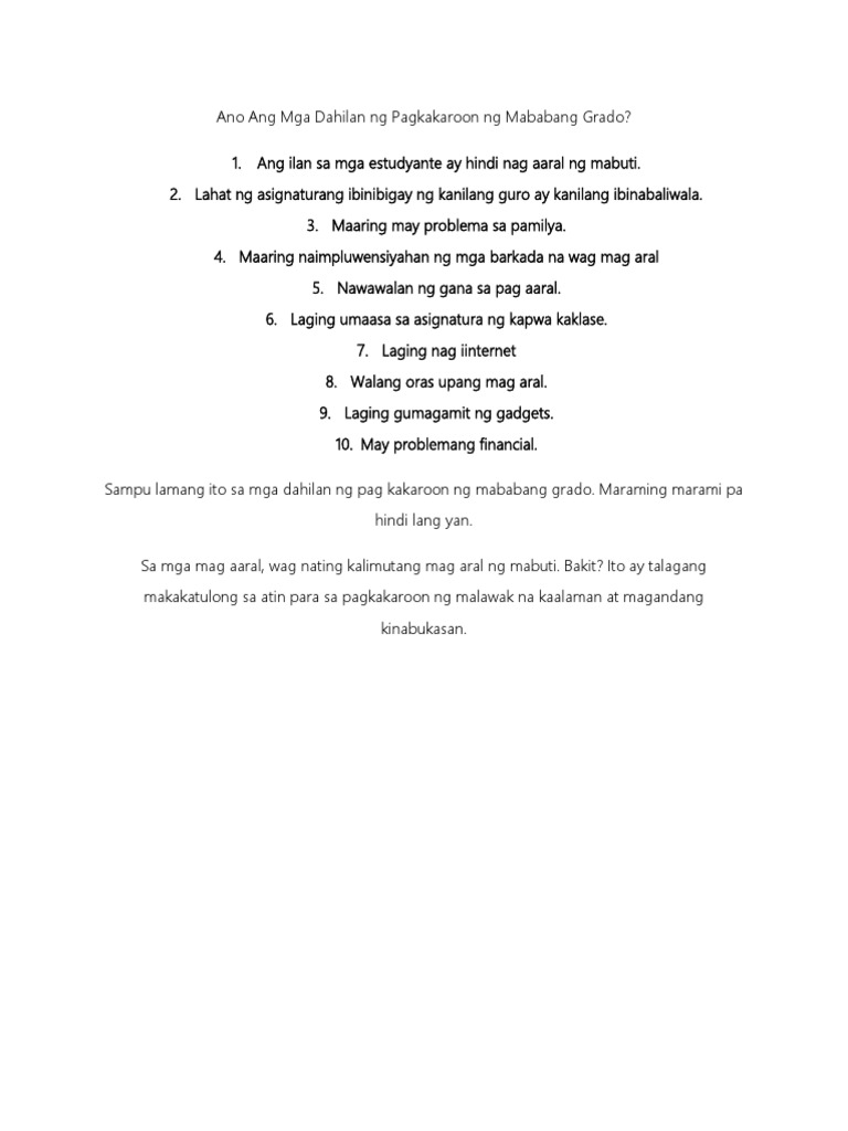 Ano Ang Mga Dahilan NG Pagkakaroon NG Mababang Grado | PDF
