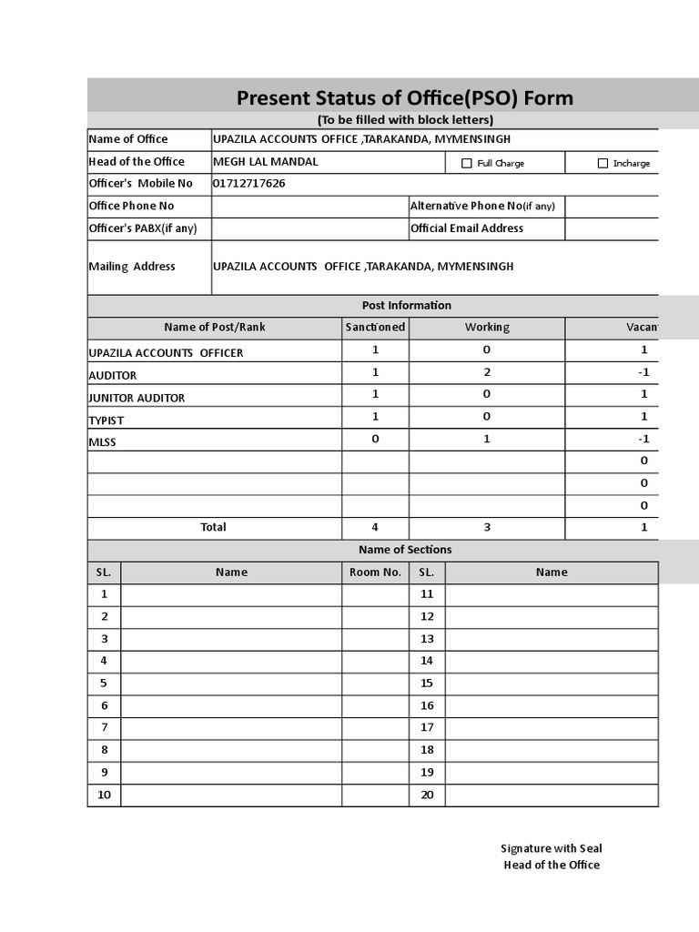 Present Status of Office (PSO) Form: (To Be Filled With Block Letters ...