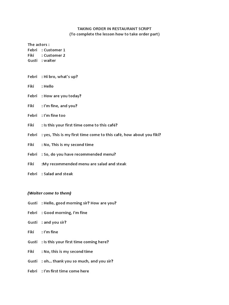 Taking Order in Restaurant Script | PDF | Food And Drink Preparation ...