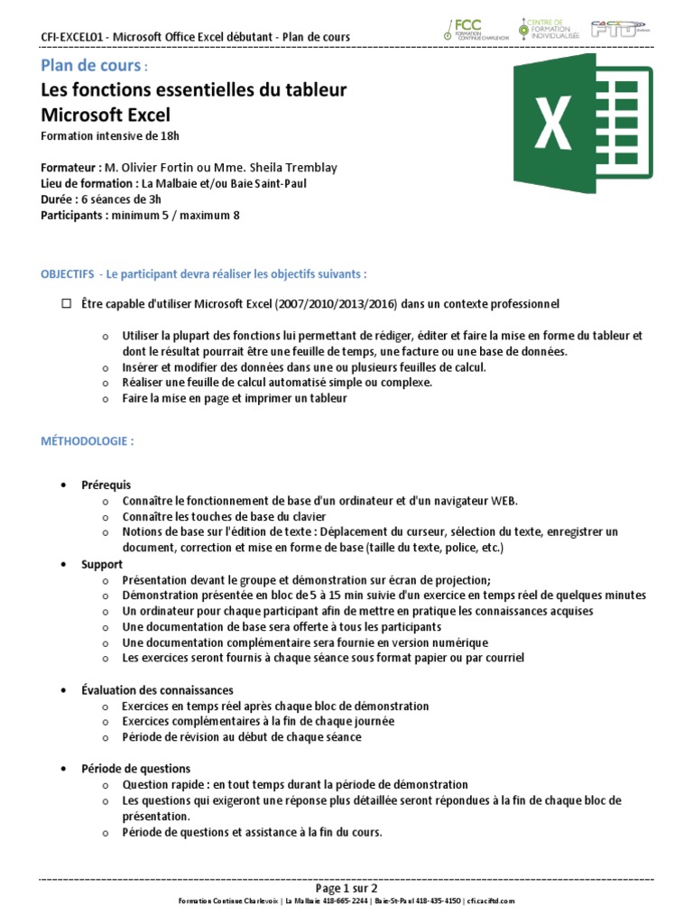 CFI-EXCEL01 - Microsoft Office Excel Débutant - Plan de Cours | PDF | Microsoft Excel | Feuille ...
