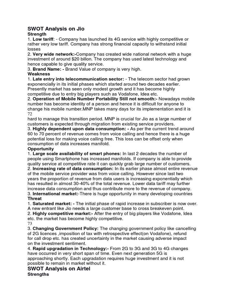 SWOT Jio | PDF | Telecommunications | Information And Communications Technology