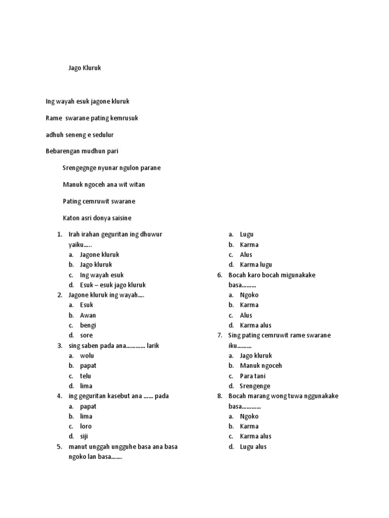 Uh Bahasa Jawa Kelas 4 Geguritan Dan Unggah Ungguh Basa | PDF