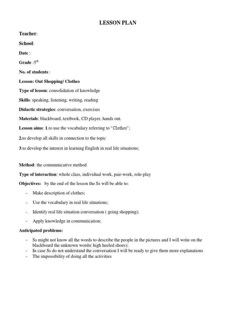 5th Grade Clothes Lesson Plan | PDF | Lesson Plan | Vocabulary