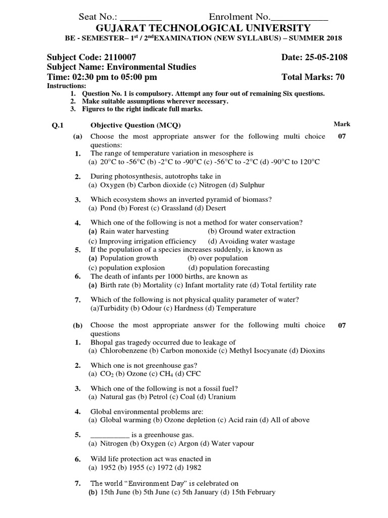 Gujarat Technological University: Seat No.: - Enrolment No. | PDF ...