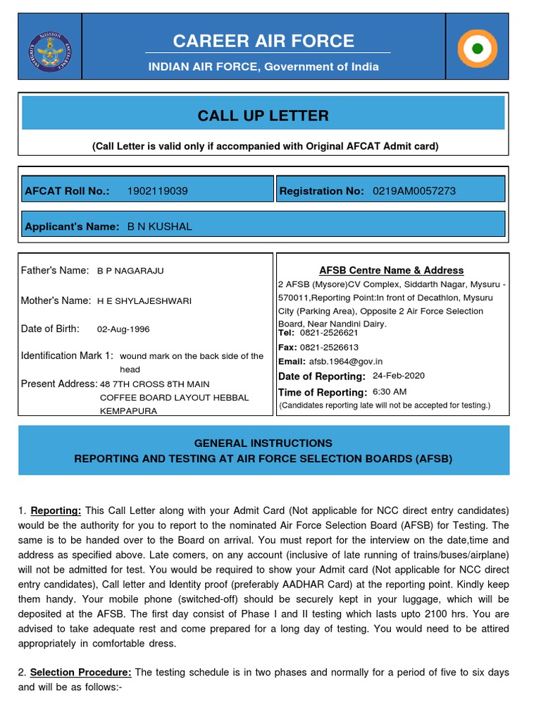 Reporting Instructions and Selection Process Details for the Indian Air ...