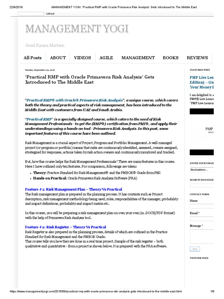 MANAGEMENT YOGI - Practical RMP With Oracle Primavera Risk Analysis ...