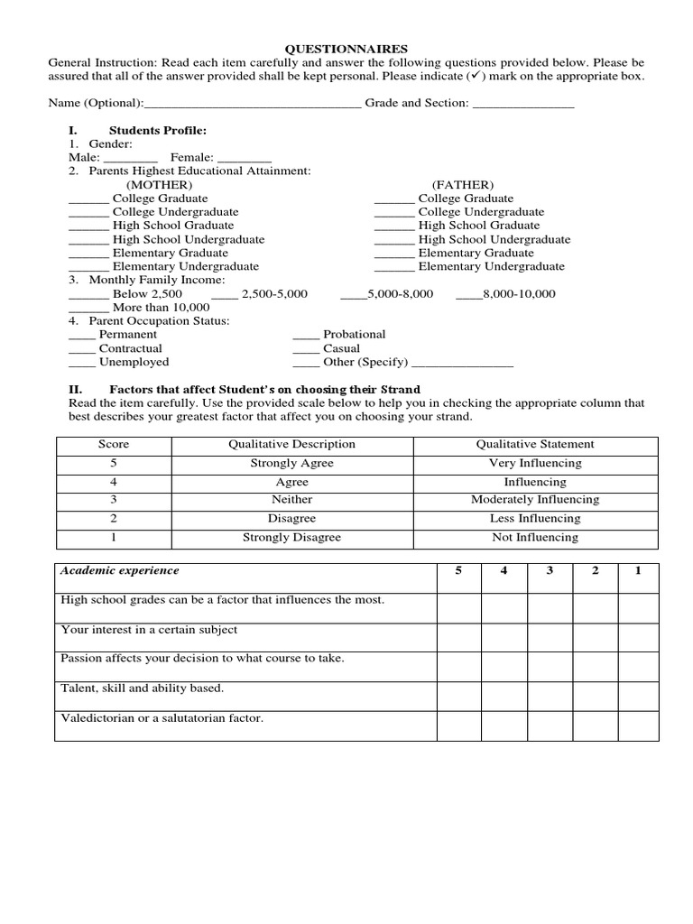 QUESTIONNAIRES | PDF | Undergraduate Education | Behavior Modification