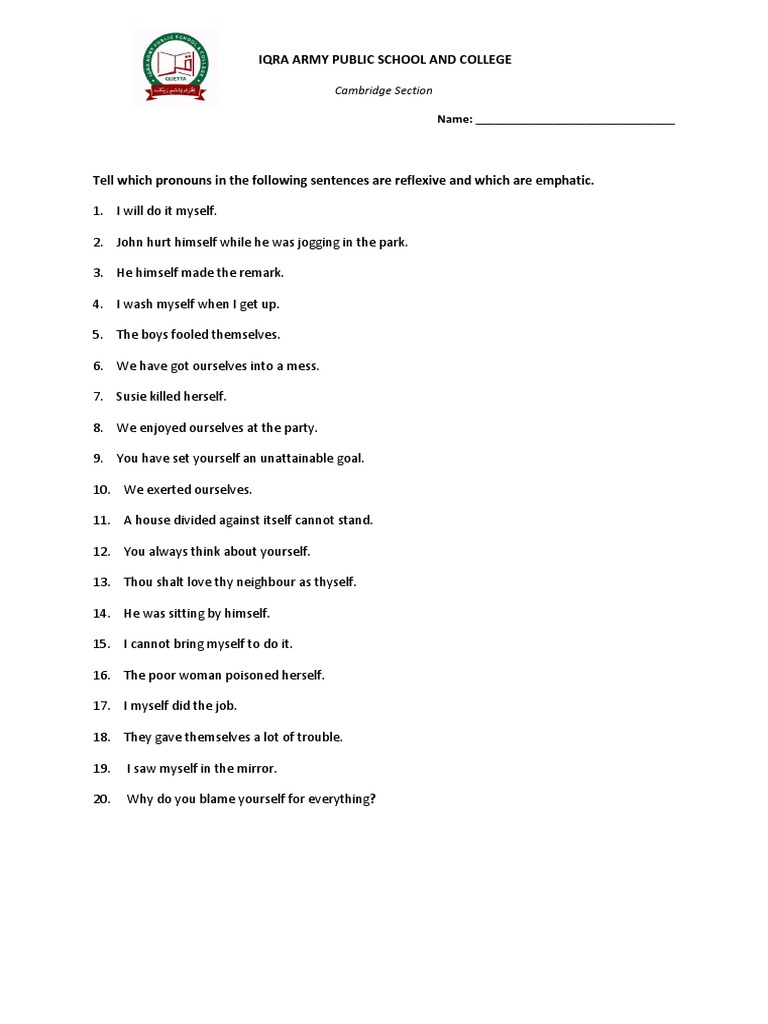 Reflexive and Emphatic Pronouns Worksheet | PDF