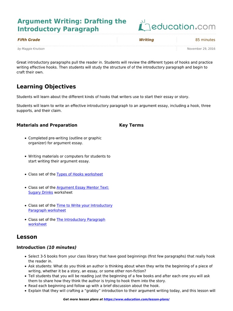 Argument Writing Drafting The Introductory Paragraph | PDF | Essays ...