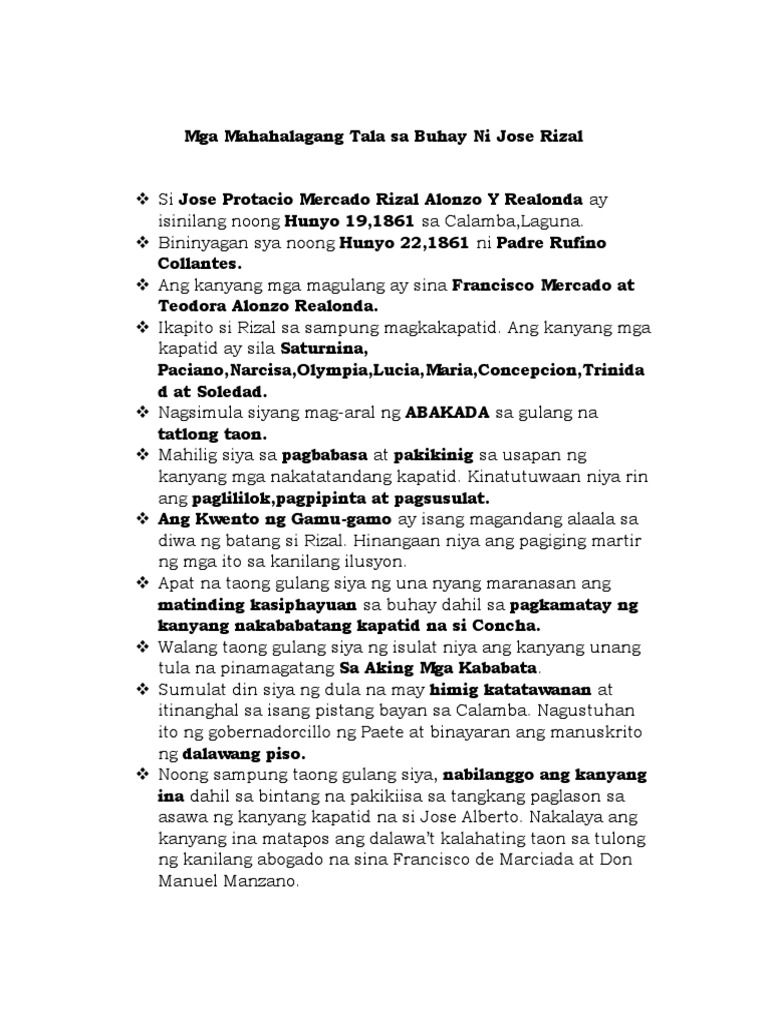 Mga Mahahalagang Tala Sa Buhay Ni Jose Rizal | PDF