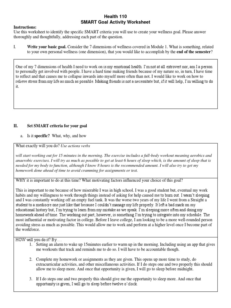 SMART Goal Worksheet 110 | PDF | Homework | Behavior Modification