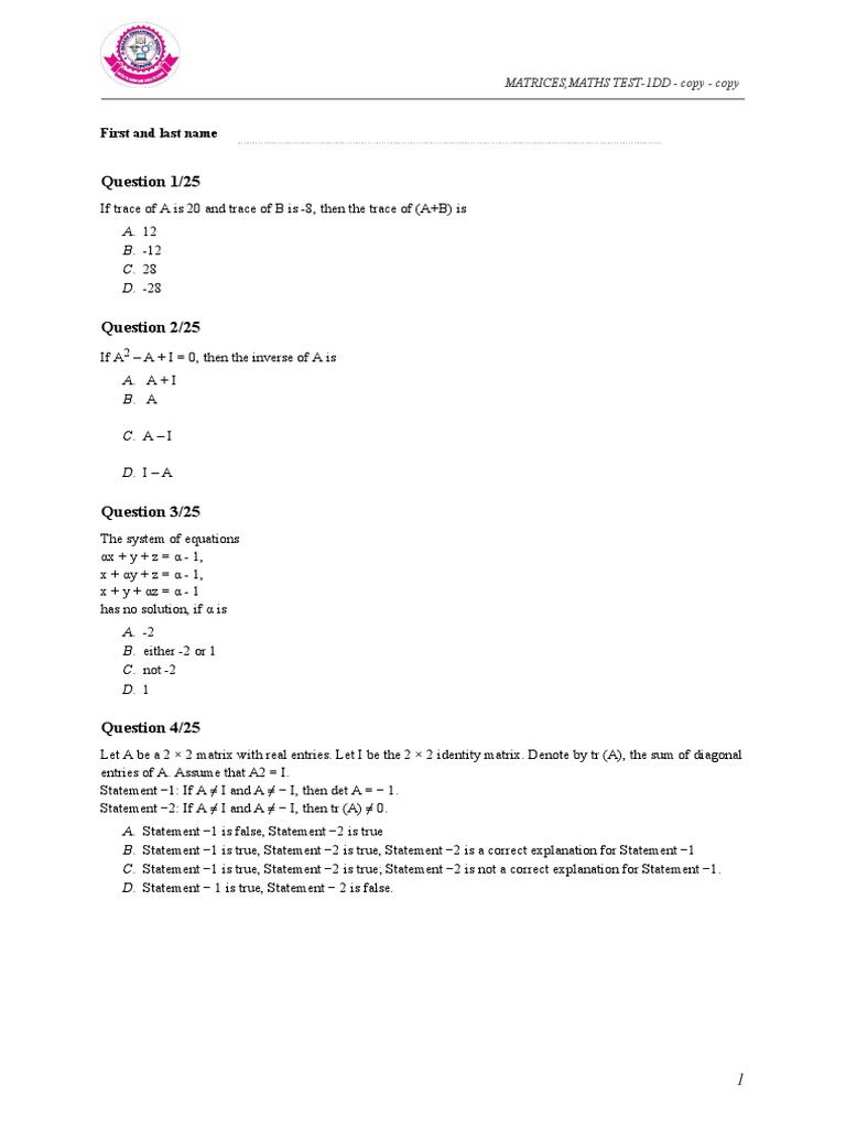 Class 12 Matrices Test Questions | PDF | Matrix (Mathematics ...