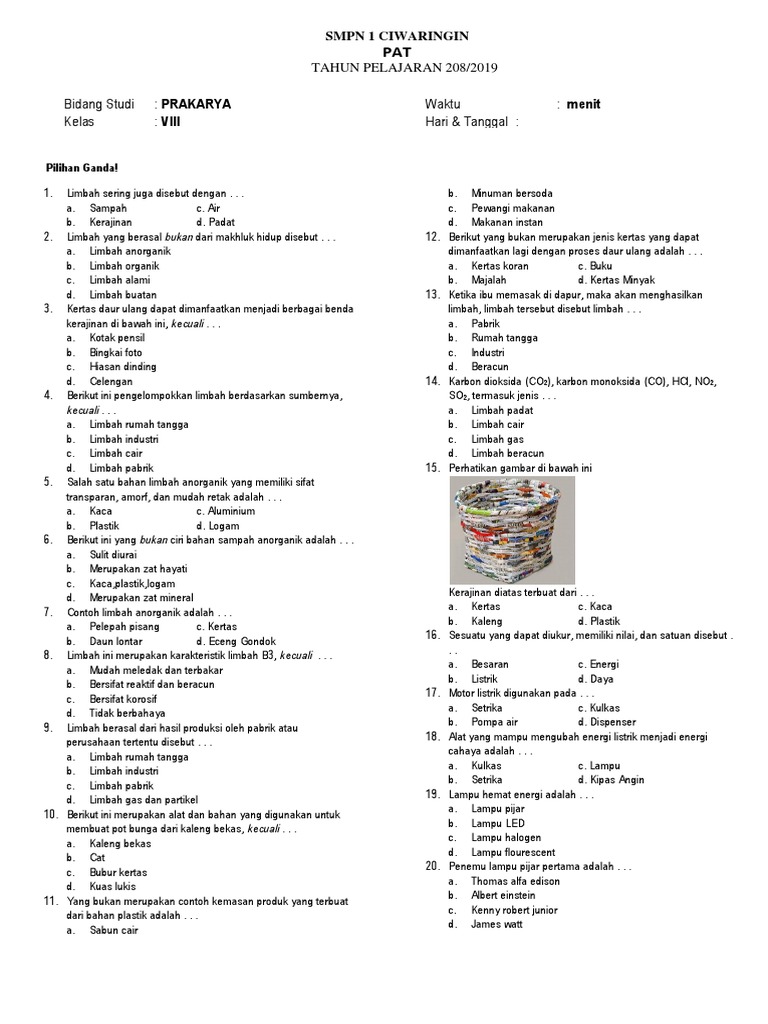 Soal PAT Prakarya-Kelas-8 | PDF