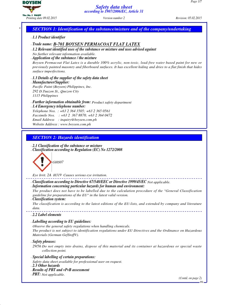 B-701 Boysen Permacoat Flat Latex2 | PDF | Dangerous Goods | Physical ...