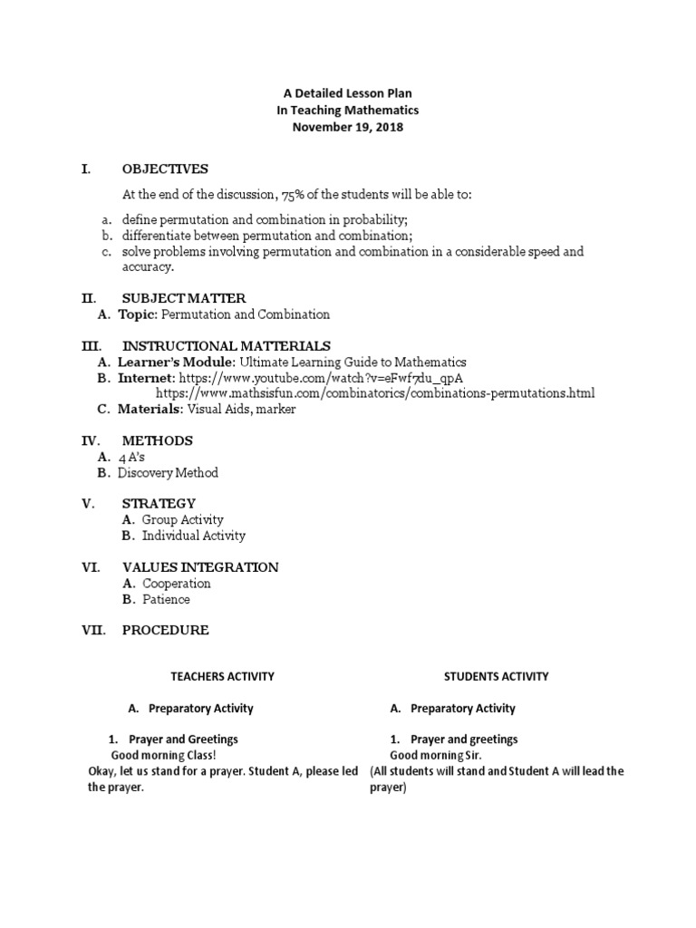 A Detailed Lesson Plan | PDF | Permutation | Lesson Plan