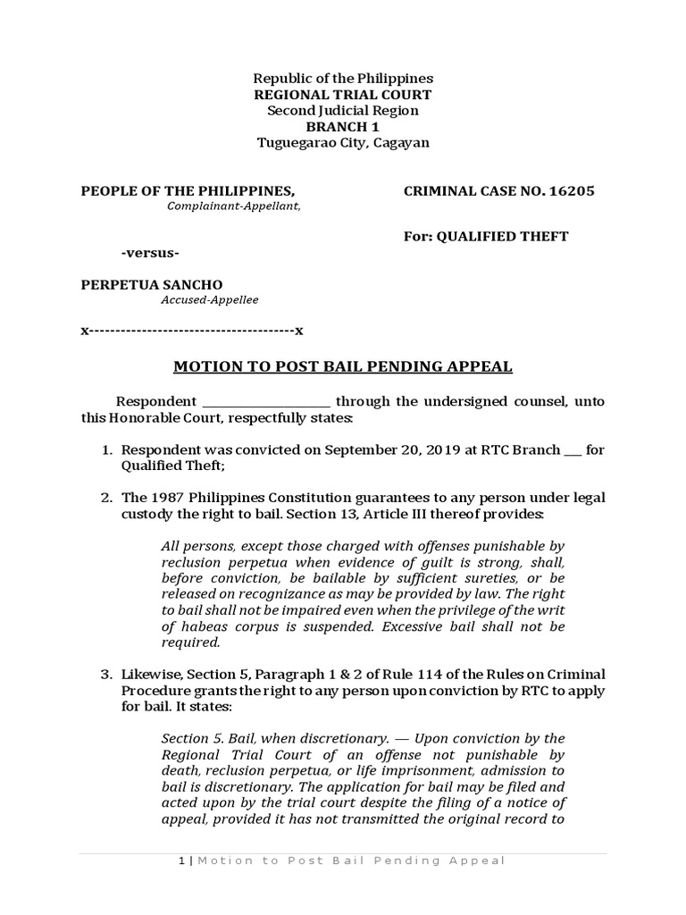 Regional Trial Court Branch 1: Motion To Post Bail Pending Appeal ...