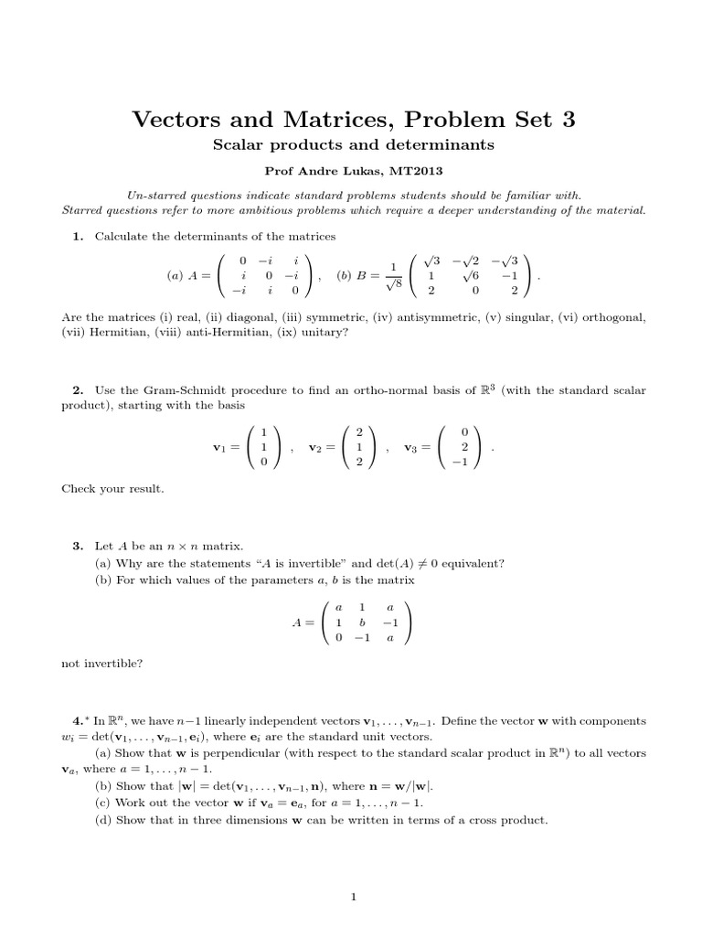 Vectors And Matrices Problem Set 3 Scalar Products And Determinants Matrix Mathematics