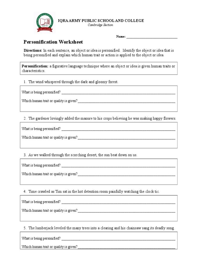 Personification Worksheet | PDF | Anthropomorphism