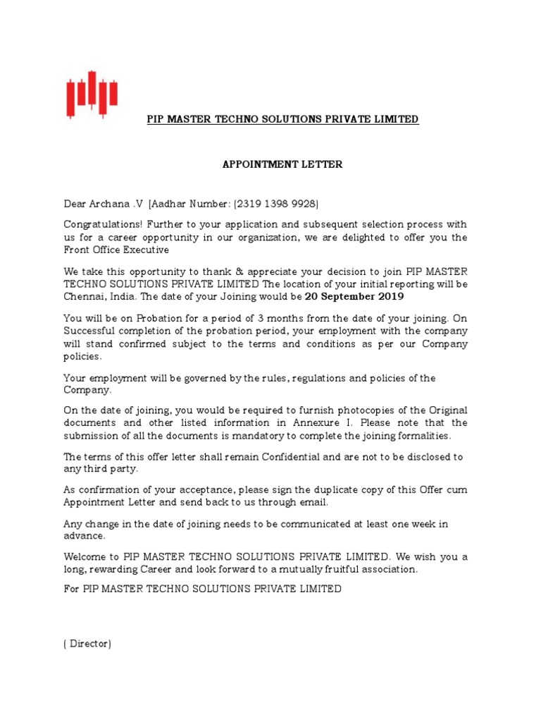 Archana V Offfer Letter | PDF | Working Time | Employment